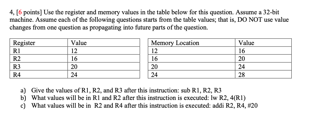 Solved 4, [6 points] Use the register and memory values in | Chegg.com