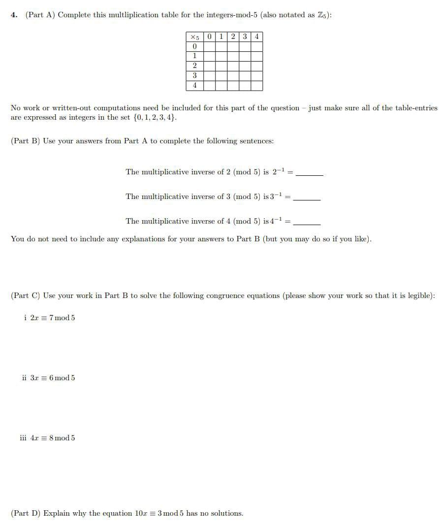 Solved 4. (Part A) Complete this multliplication table for | Chegg.com