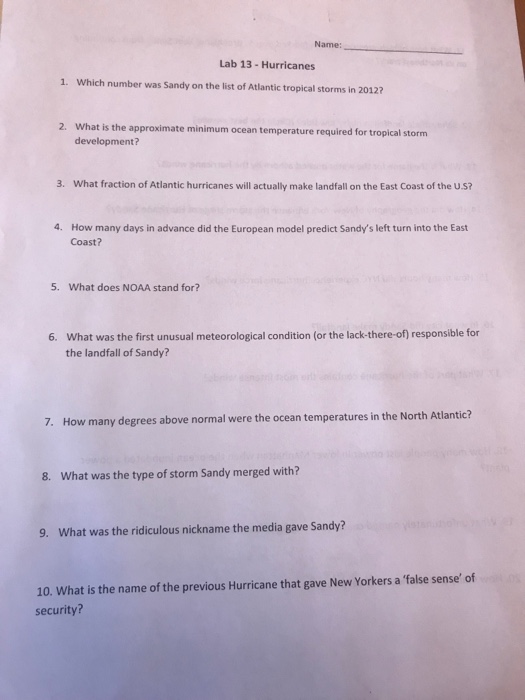 Solved Name: Lab 13-Hurricanes 1. Which number was Sandy on | Chegg.com