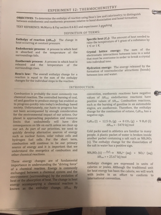 EXPERIMENT 12: THERMOCHEMISTRY ECTIVES: To determine | Chegg.com