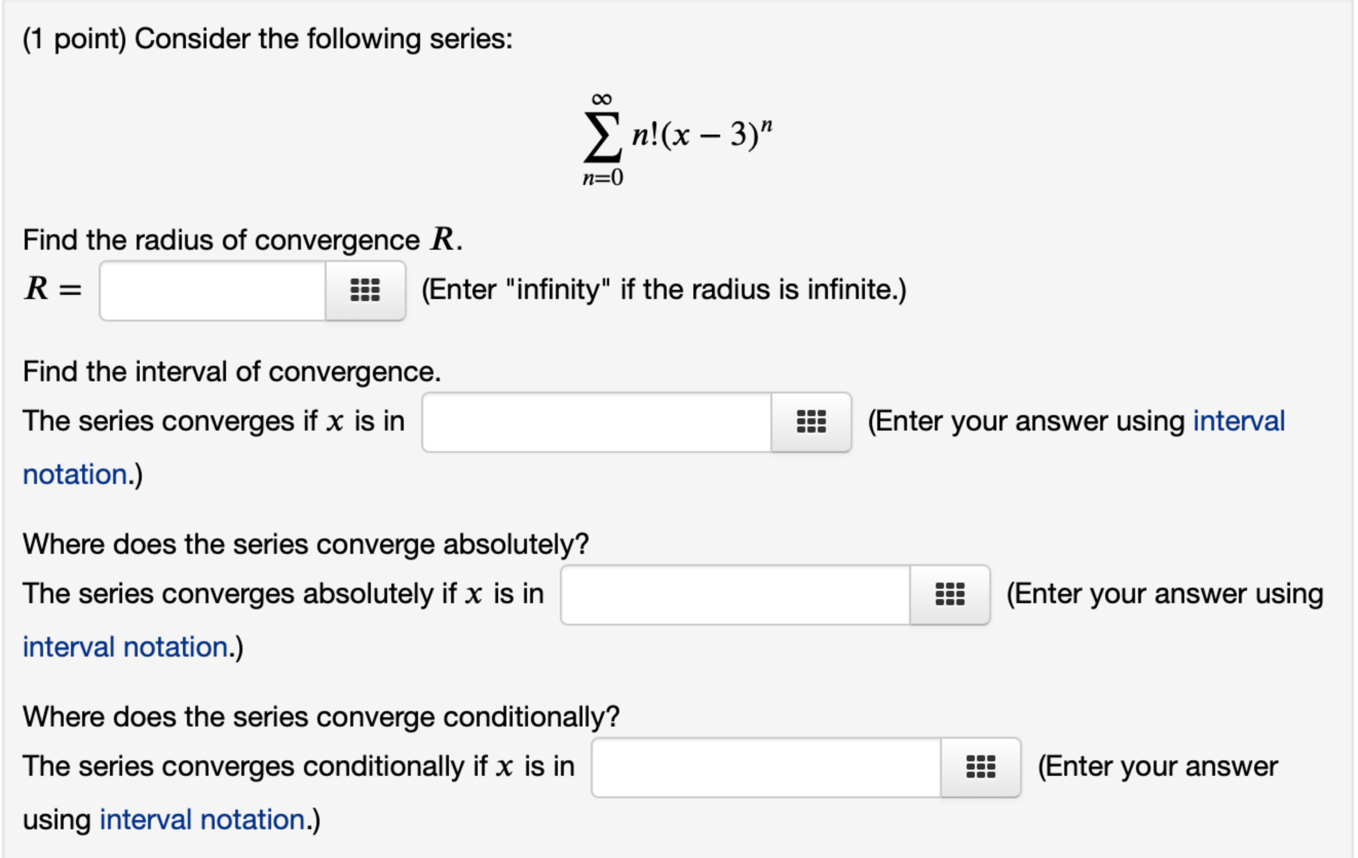 Solved (1 ﻿point) ﻿Consider the following series:∑\infty | Chegg.com
