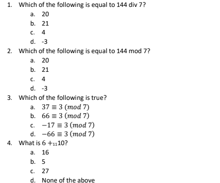 Solved 1. Which of the following is equal to 144 div 7? a. | Chegg.com