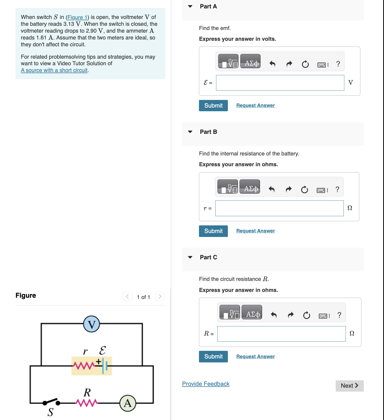 Solved Part AWhen switch \( ﻿S \) ﻿in (Figure 1) ﻿is open, | Chegg.com
