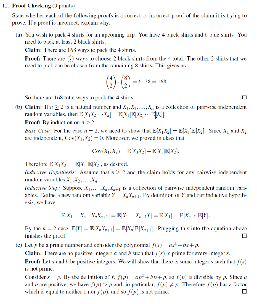 Solved 12. Proof Checking (9 points) State whether each of | Chegg.com