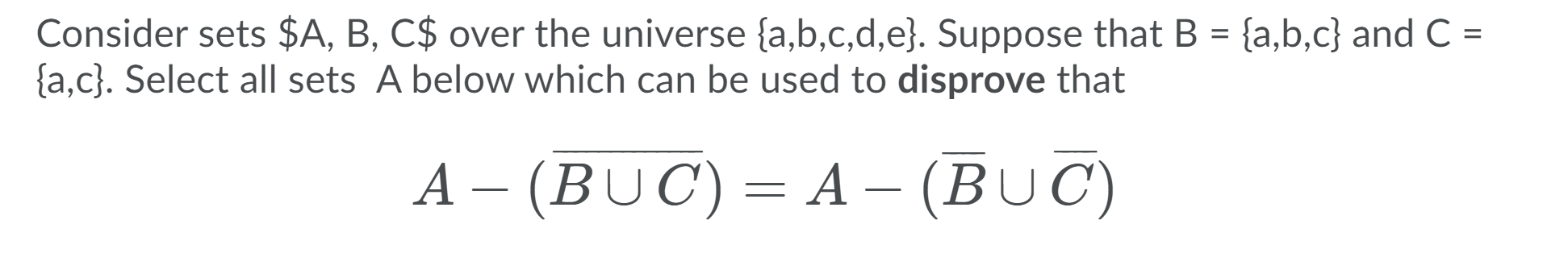 Solved Consider sets $A, B, C$ over the universe | Chegg.com