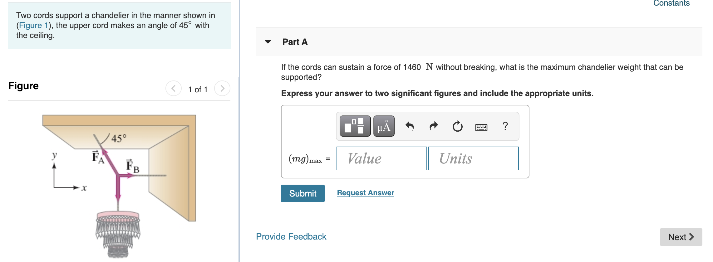 Solved Constants Two cords support a chandelier in the | Chegg.com