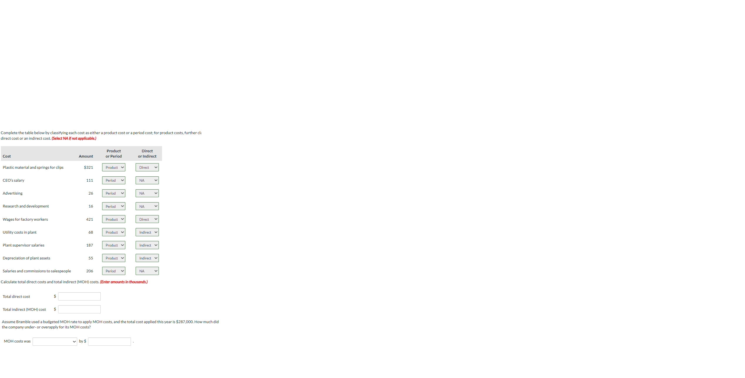 Solved Complete the table below by classifying each cost as | Chegg.com