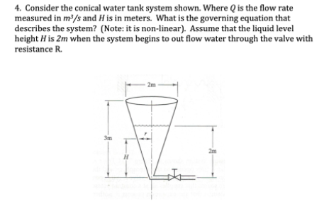 Solved 4. Consider the conical water tank system shown. | Chegg.com