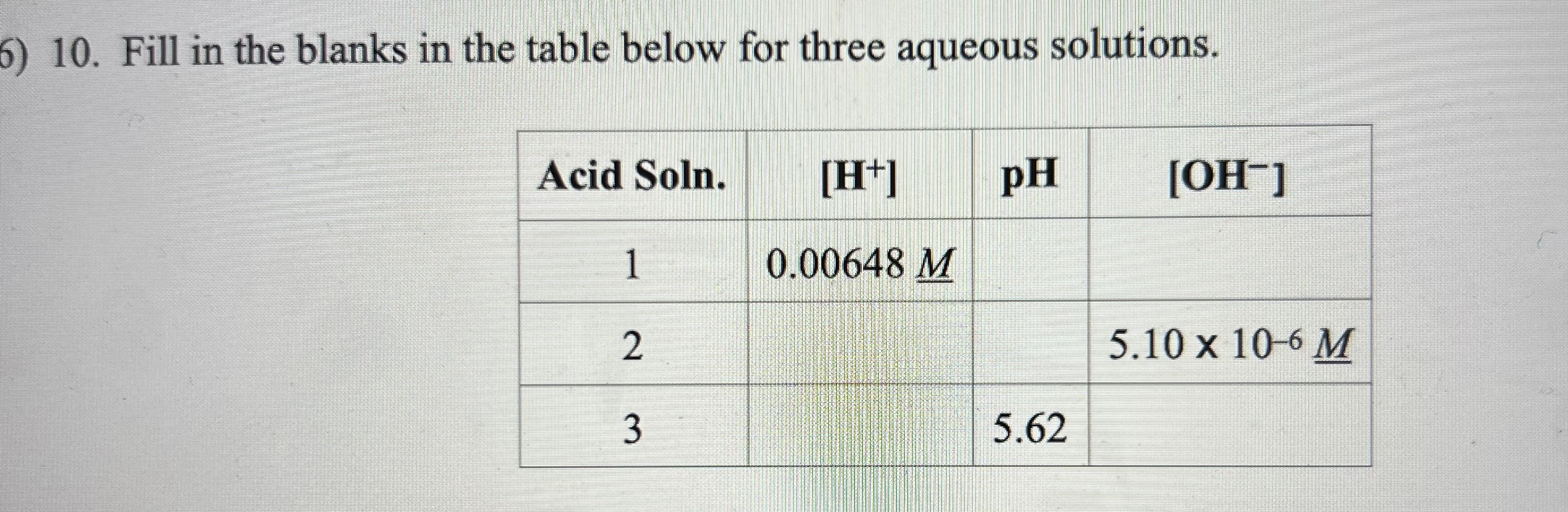 Solved 10. Fill in the blanks in the table below for three | Chegg.com