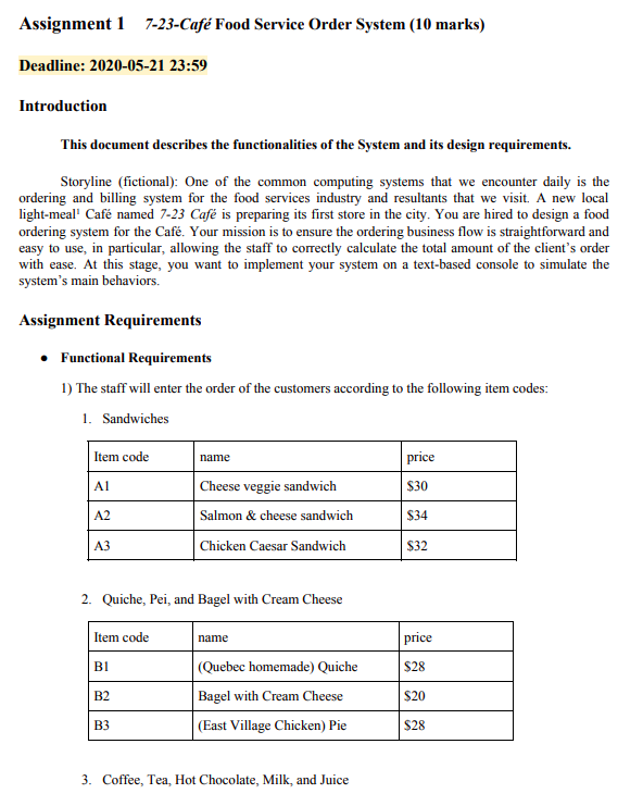 Assignment 1 7-23-Café Food Service Order System (10 | Chegg.com
