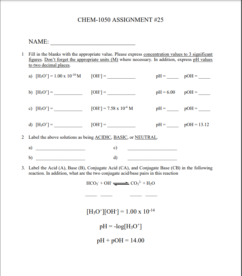 Solved CHEM-1050 ASSIGNMENT #25 NAME: 1 Fill in the blanks | Chegg.com