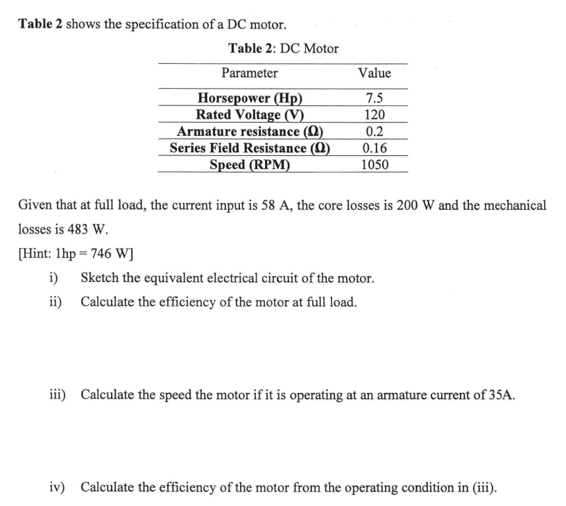 Table 2 ﻿shows the specification of a DC motor.Table | Chegg.com