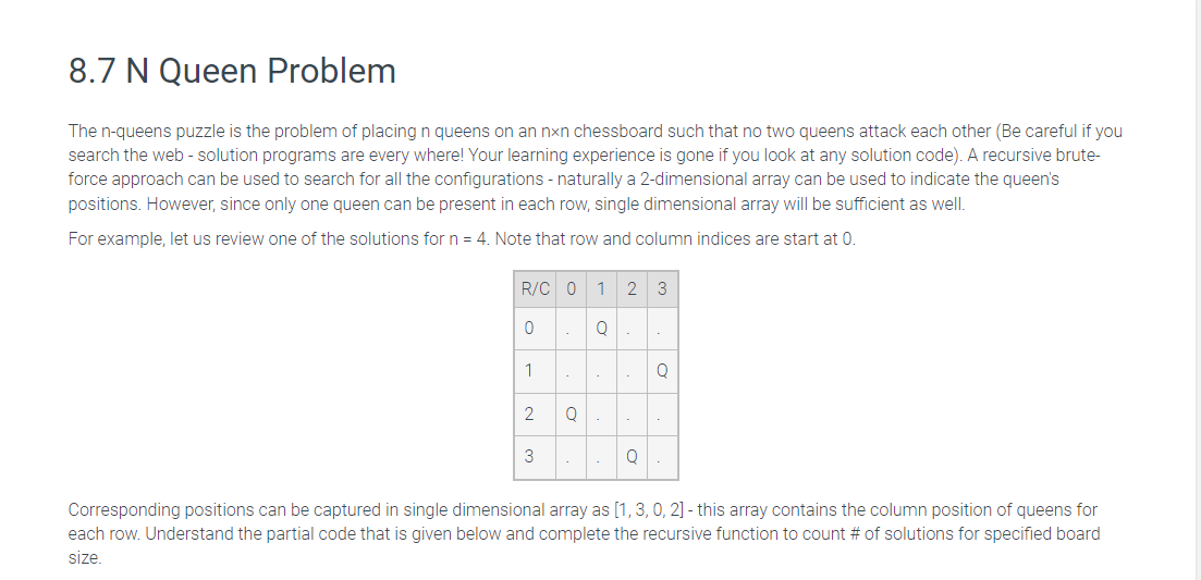 Solved 8.7 N Queen Problem The n-queens puzzle is the | Chegg.com