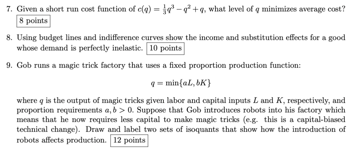 Solved 7. Given a short run cost function of c(q)=31q3−q2+q, | Chegg.com