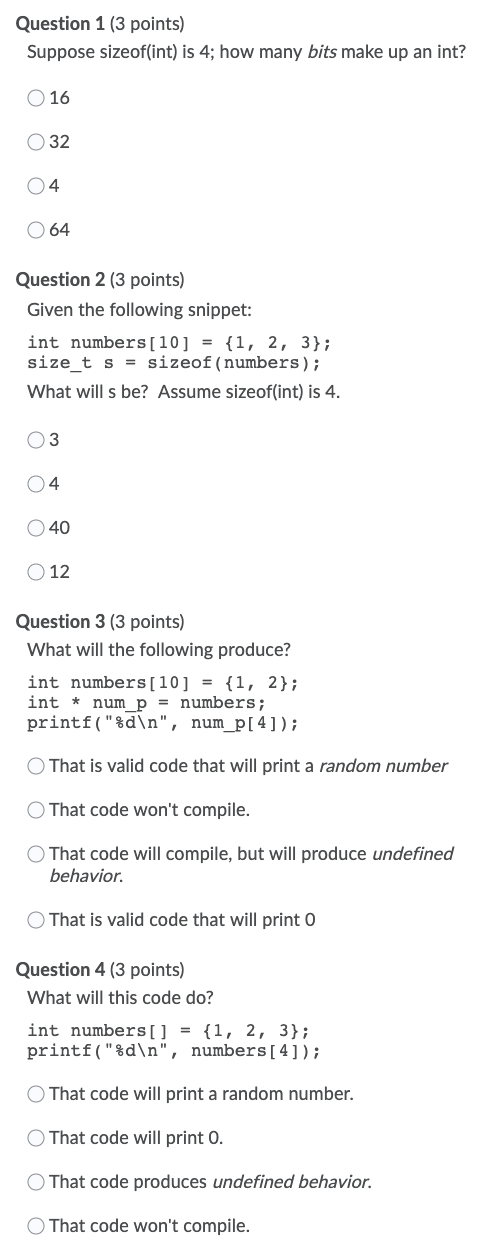 Solved Question 1 (3 points) Suppose sizeof(int) is 4; how | Chegg.com