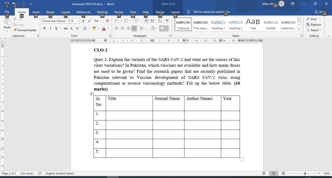 Solved Sessional 2 BIO310.docx - Word Table Tools Mary Ak zP | Chegg.com