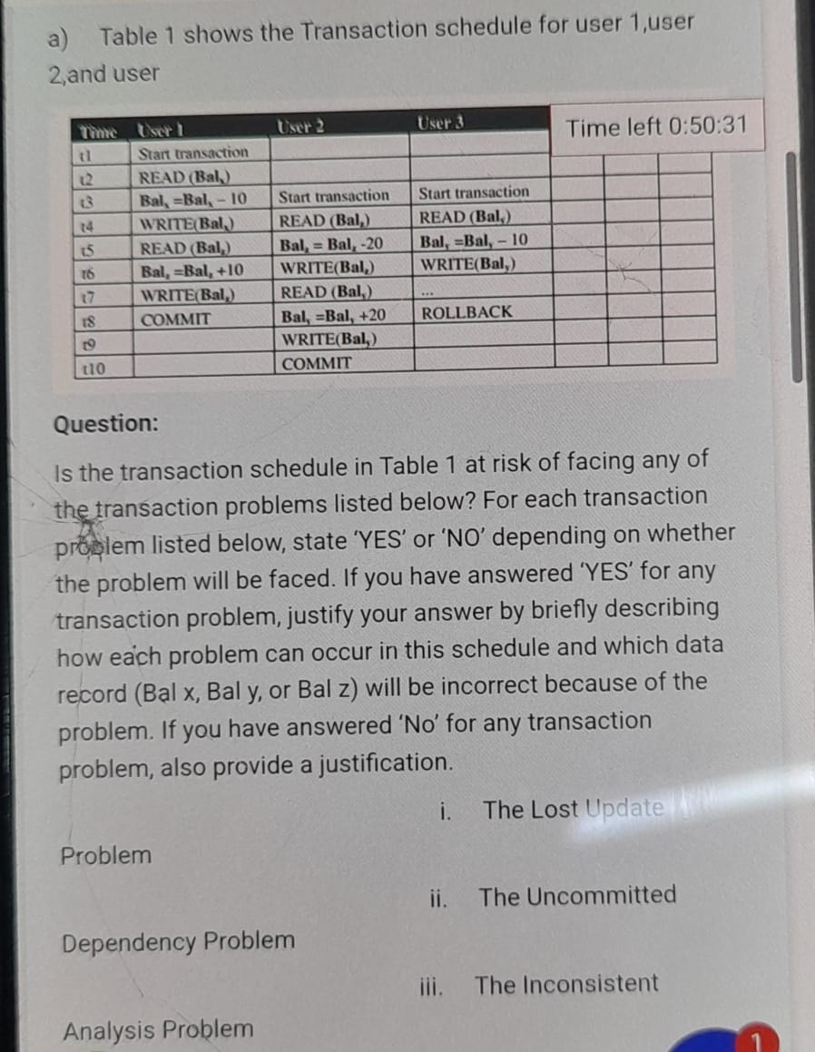 Solved a) ﻿Table 1 ﻿shows the Transaction schedule for user | Chegg.com