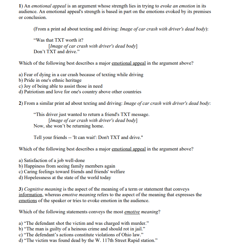 Solved 1) An emotional appeal is an argument whose strength | Chegg.com