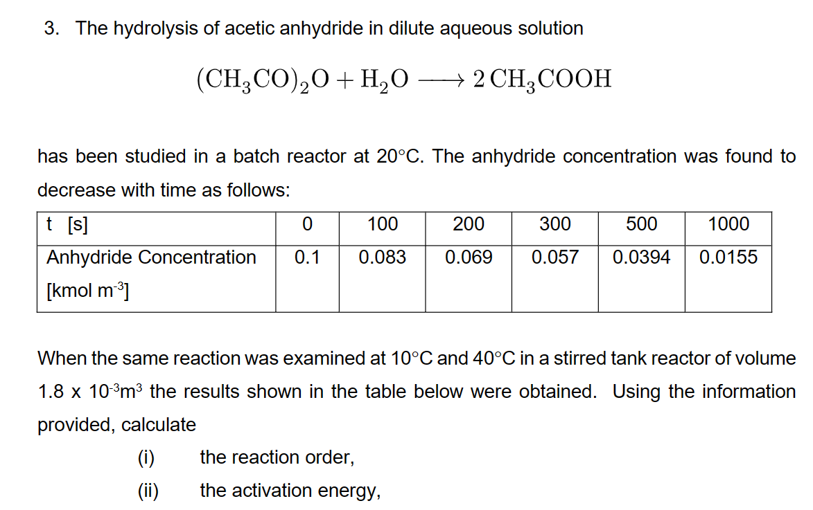 Solved 3. The hydrolysis of acetic anhydride in dilute | Chegg.com