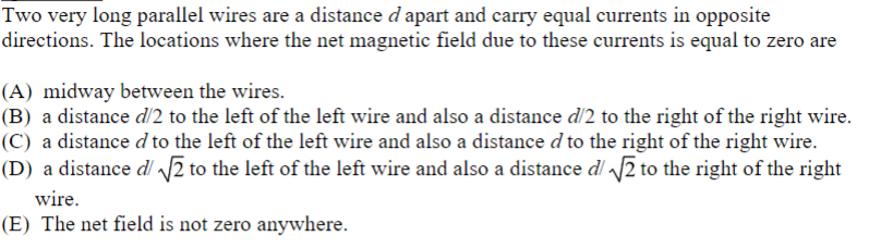 Solved Two very long parallel wires are a distance d apart | Chegg.com