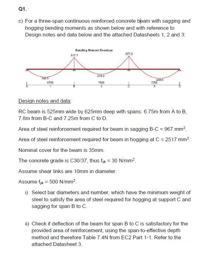 Solved Q1. C) For a three-span continuous reinforced | Chegg.com