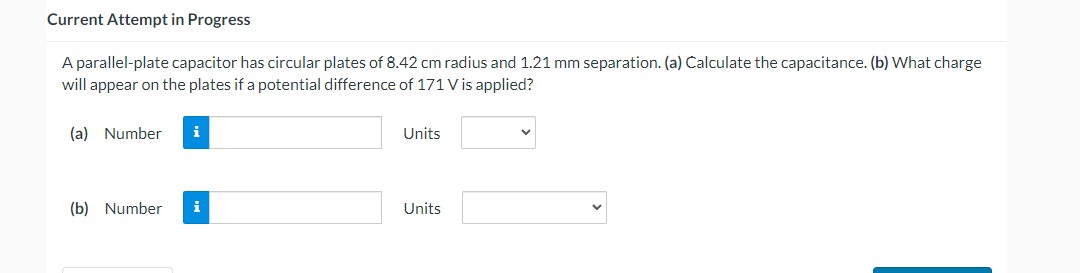 Solved Current Attempt in ProgressA parallel-plate capacitor | Chegg.com