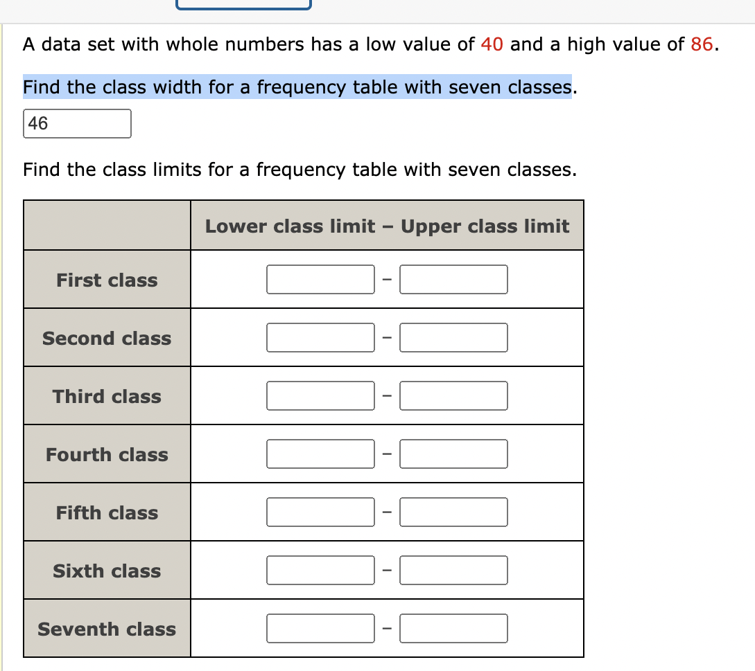 Solved Find the class limits for a frequency table with | Chegg.com