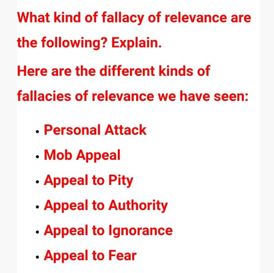 Solved What kind of fallacy of relevance are the following? | Chegg.com