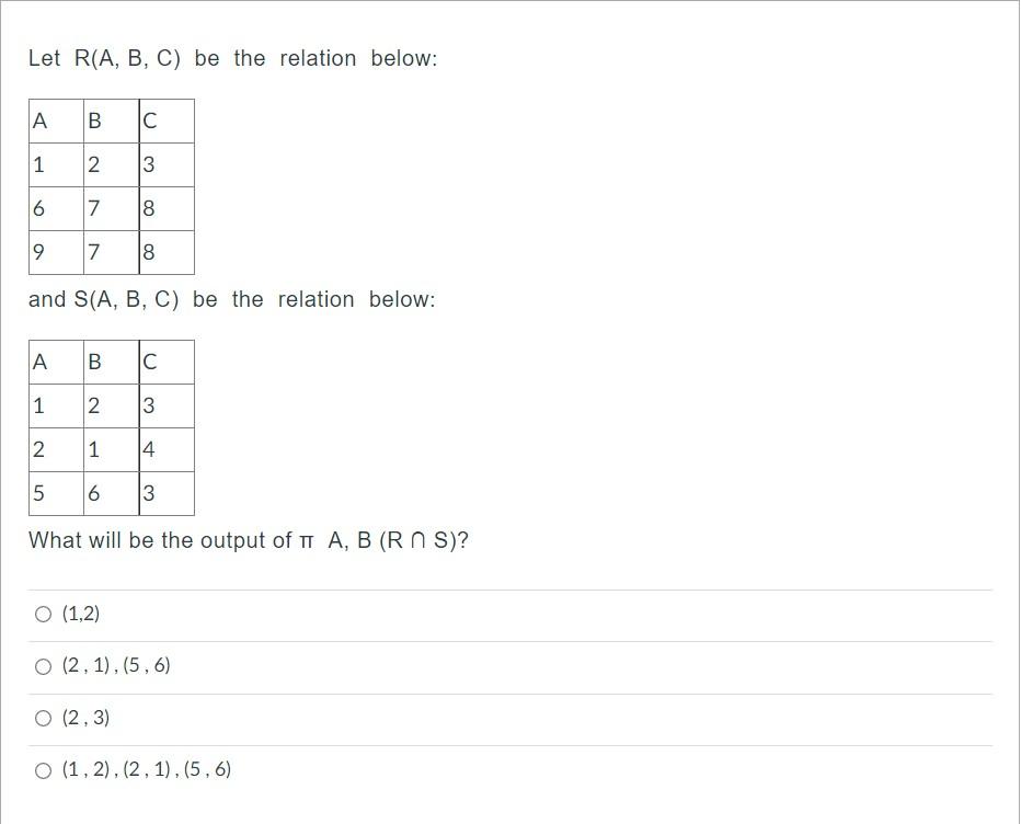 Solved Let R(A, B, C) be the relation below: А. B C 1 2 3 8 | Chegg.com