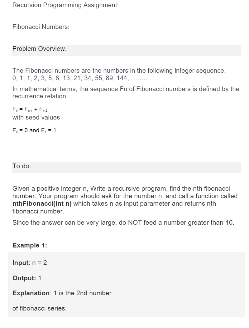Solved Recursion Programming Assignment: Fibonacci Numbers: | Chegg.com