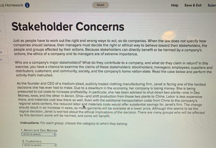 Solved s) Homework Saved Help Save & Exit Subr Stakeholder | Chegg.com