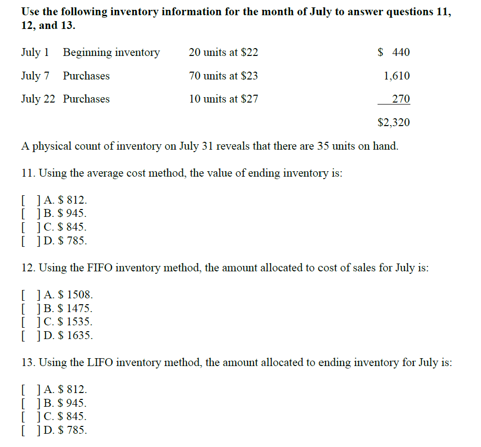 Solved Use the following inventory information for the month | Chegg.com