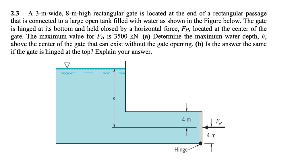 Solved 2.3 A 3-m-wide, 8-m-high rectangular gate is located | Chegg.com