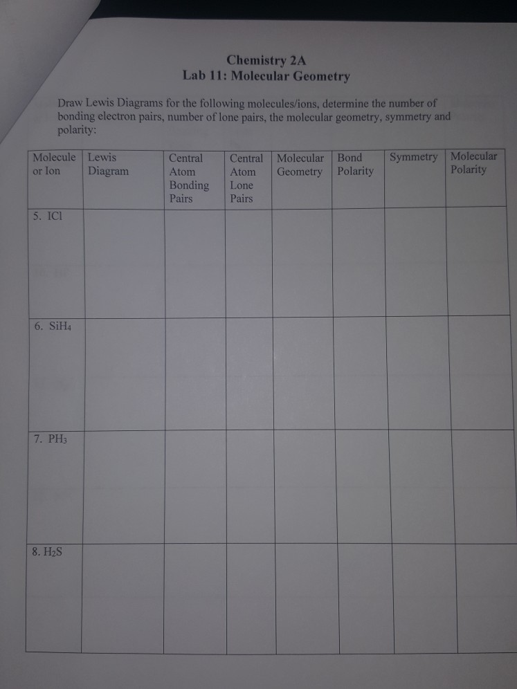 Solved Chemistry 2A Lab 11: Molecular Geometry Section | Chegg.com