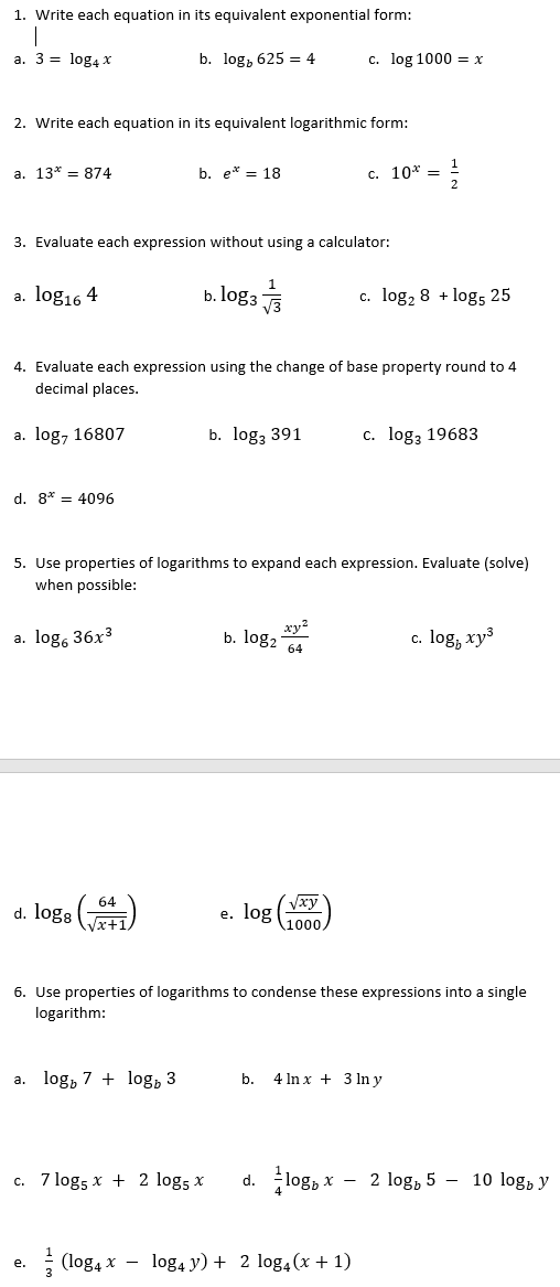 Solved 1 Write Each Equation In Its Equivalent Exponential