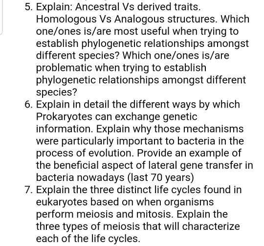 Solved 5. Explain: Ancestral Vs derived traits Homologous Vs | Chegg.com