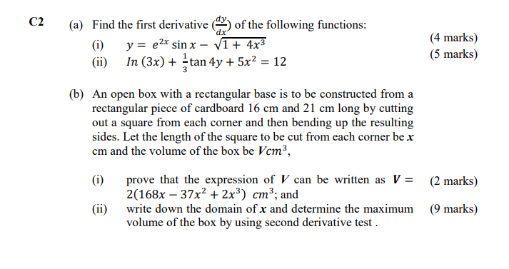 Solved (a) Find the first derivative (dxdy) of the following | Chegg.com