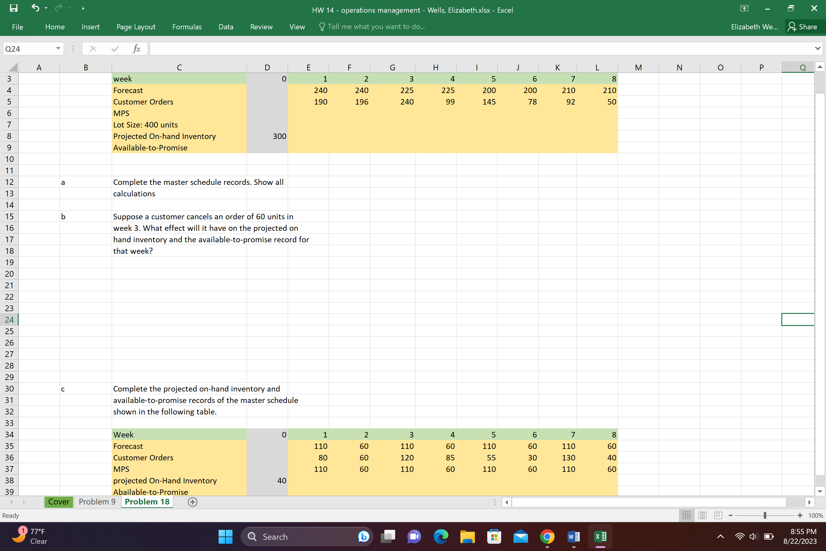 Solved HW 14 - operations management - Wells, Elizabeth.xlsx | Chegg.com