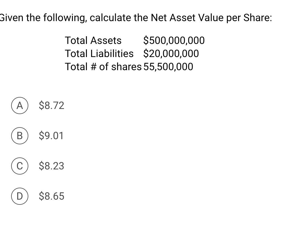Solved Given the following, calculate the Net Asset Value | Chegg.com