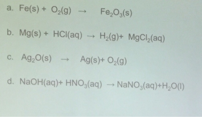 Solved a. Fe(s) +O2(g) → Fe2O3(s) b. Mg(s) + HCl(aq) → | Chegg.com