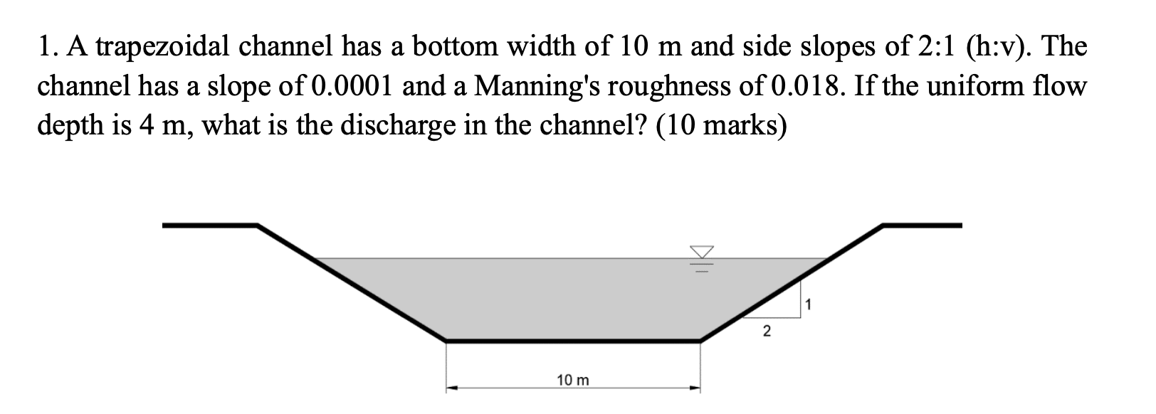 Solved 1. A trapezoidal channel has a bottom width of 10 m | Chegg.com