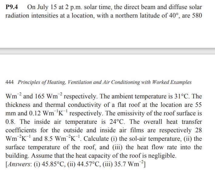 P9.4 On July 15 at 2 p.m. solar time, the direct beam | Chegg.com