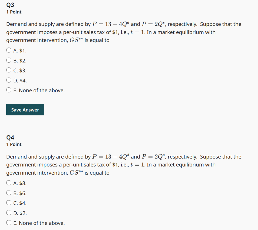 Solved Demand and supply are defined by P=13−4Qd and P=2Qs, | Chegg.com