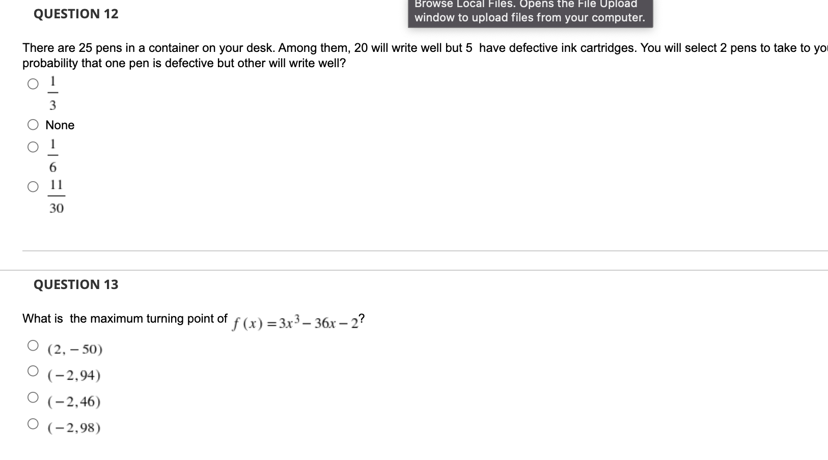 Solved QUESTION 12 Browse Local Files. Opens the File Upload | Chegg.com
