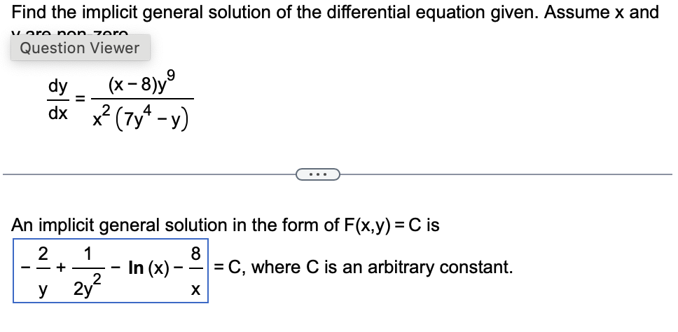 Solved Find the implicit general solution of ﻿the | Chegg.com