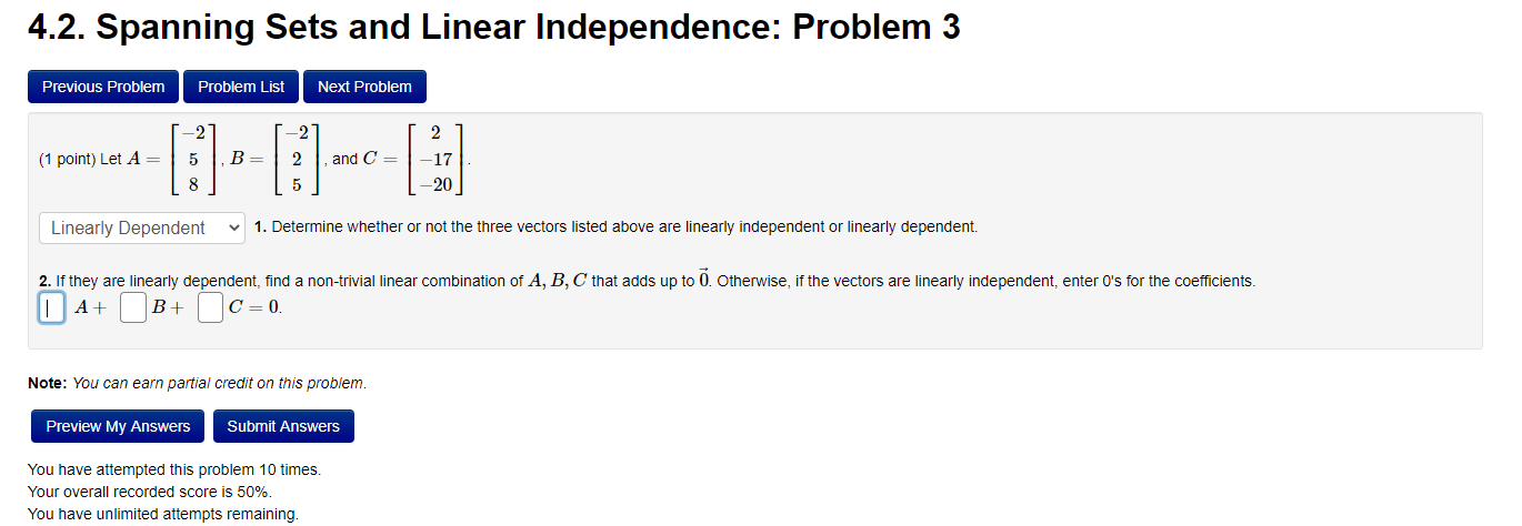 Solved 4.2. Spanning Sets and Linear Independence: Problem 3 | Chegg.com