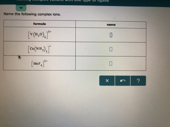 Solved Name the following complex ions. formula name V (H20) | Chegg.com