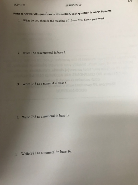 Solved MATH 21 BCC SPRING 2019 PART I: Answer ALL questions | Chegg.com