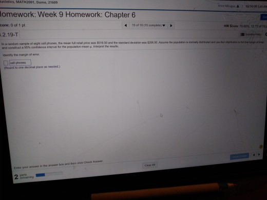 Solved atistics, MATH2001, Dame, 21609 Homework: Week 9 | Chegg.com