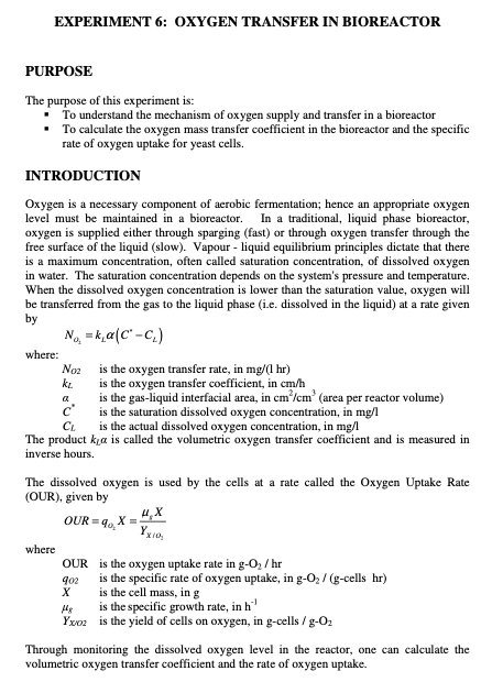 Solved EXPERIMENT 6: OXYGEN TRANSFER IN BIOREACTOR PURPOSE | Chegg.com